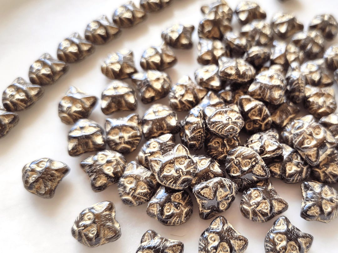 6 or 24 Czech Cat Beads, Animal Face Head 13mm Opaque Black Gold Wash ...