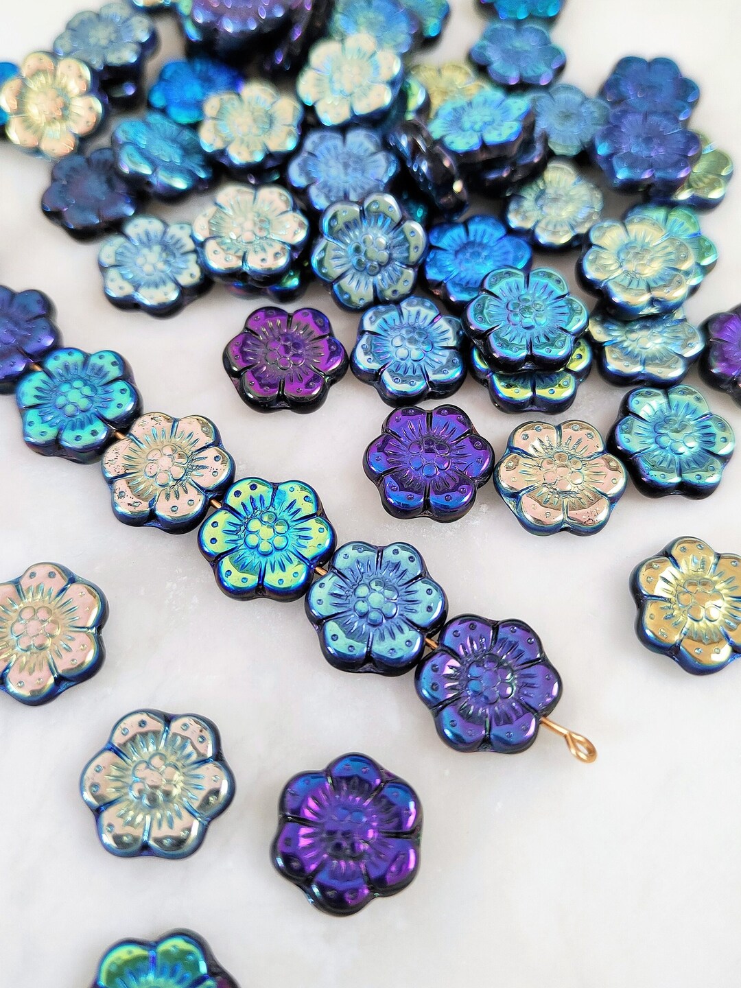 10 or 40 Czech Flower Beads, Floral Botanical Motif 14x14mm Metallic ...