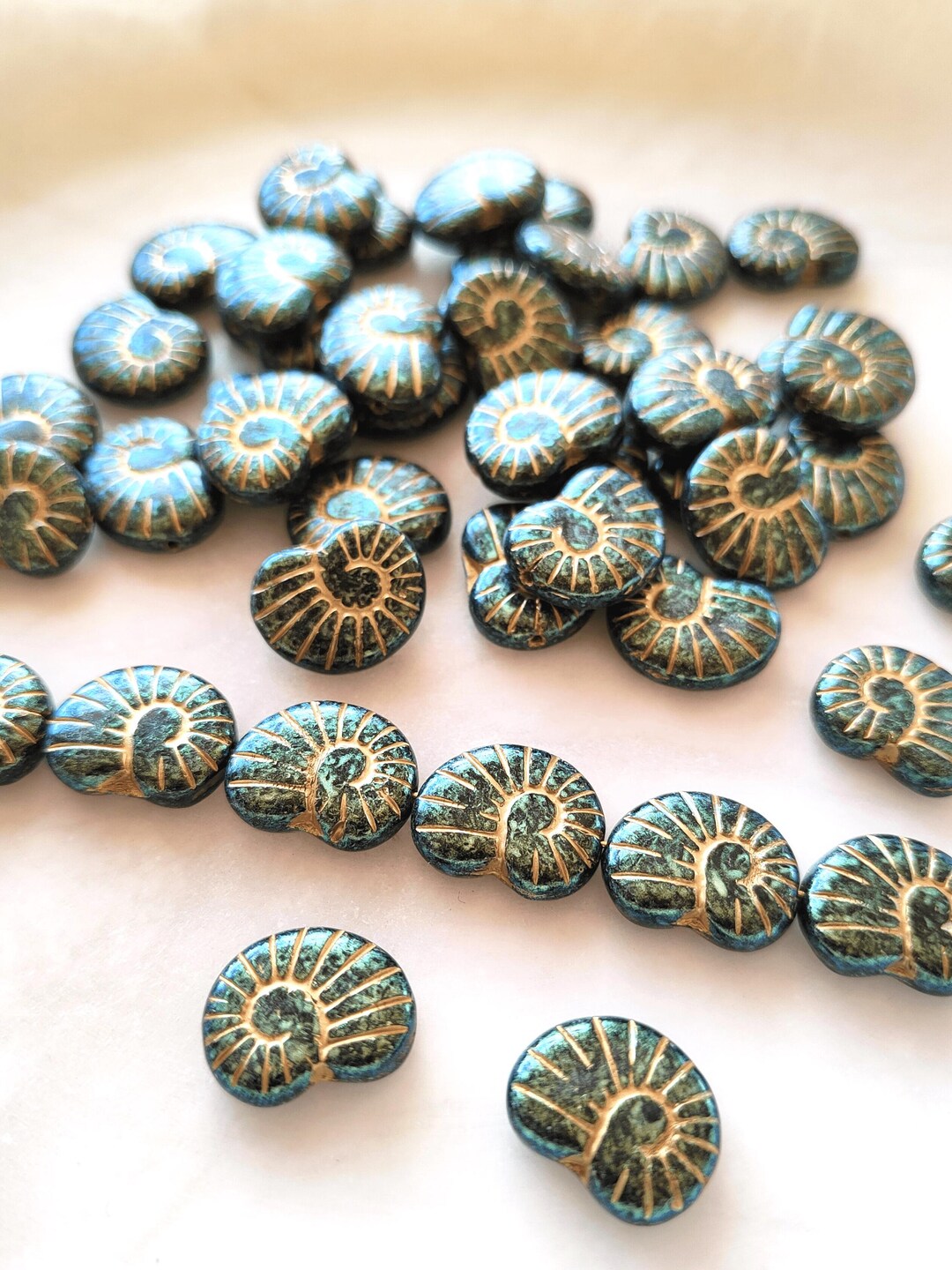 6 or 24 Czech Snail Shell Beads, Sea Beach Motif 17x13mm Shiny Green ...