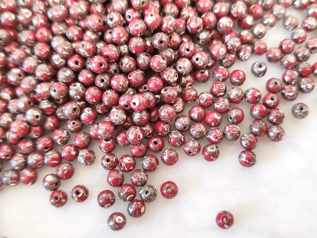 50 or 200 Czech Pressed Glass Beads, Red With Gray Streaks 4mm Smooth ...