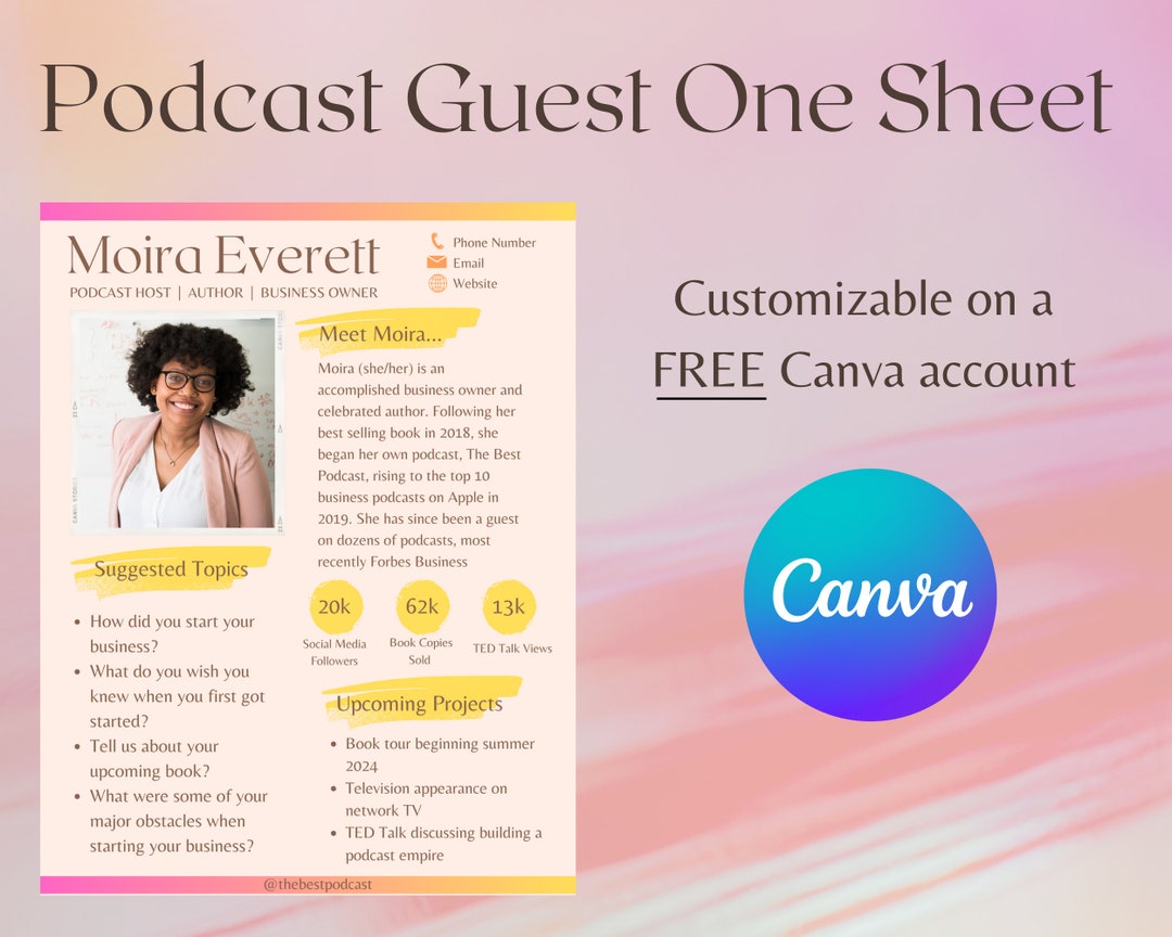 Podcast Guest One Sheet Canva Template Instant Access Canva - Etsy Australia