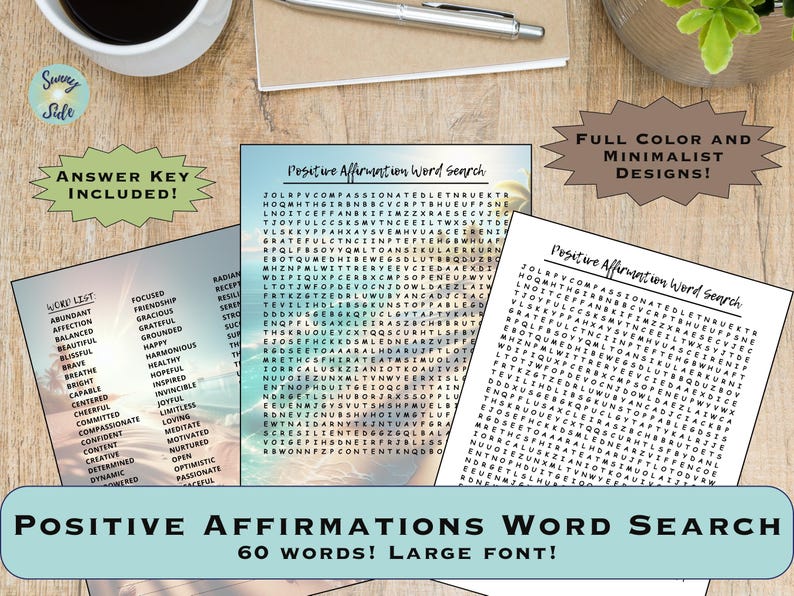 Positive Affirmations Word Search Printable Large Print Mindfulness ...