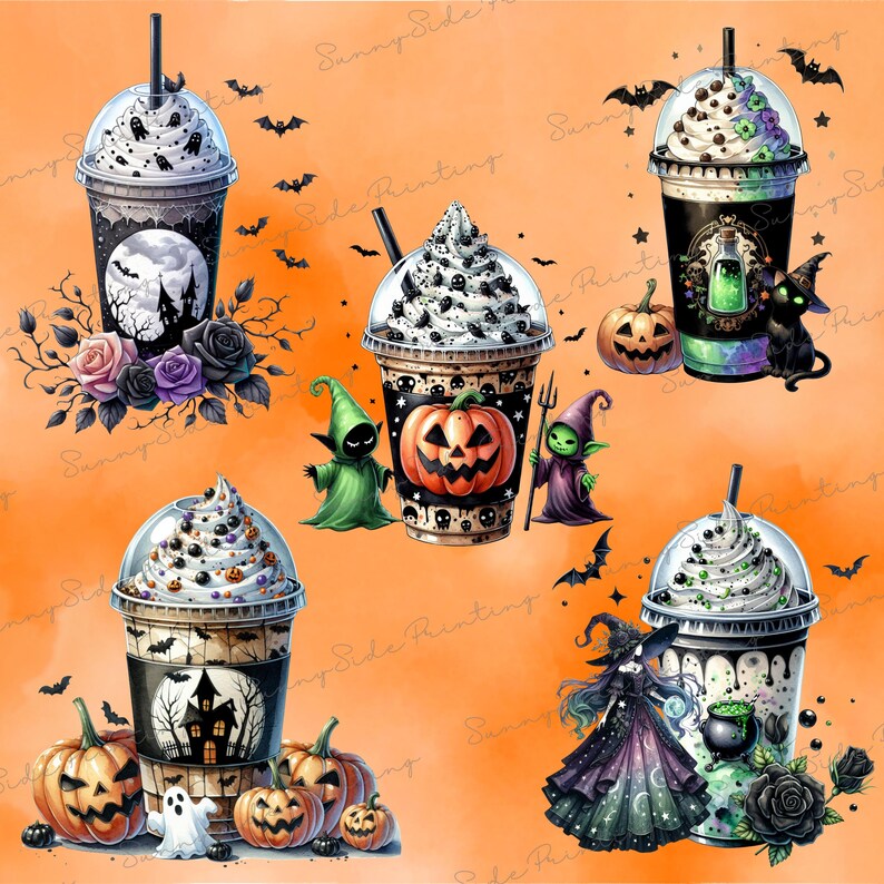 Halloween Coffee Clipart Set, Scary Gothic Watercolor Hot Coffee Drink ...