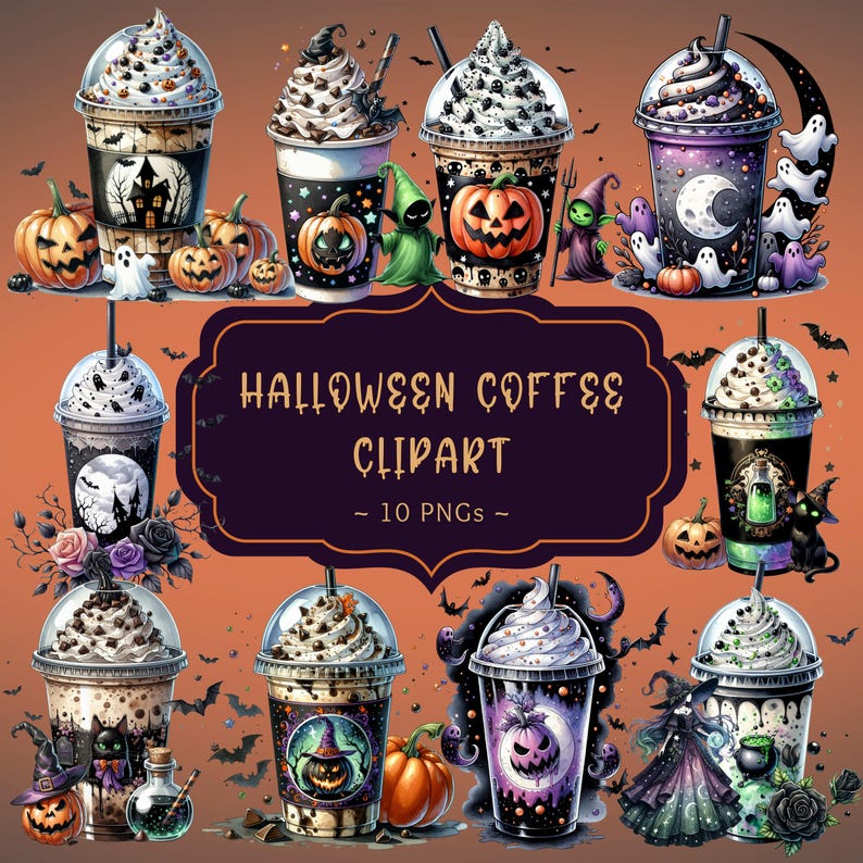Halloween Coffee Clipart Set, Scary Gothic Watercolor Hot Coffee Drink ...