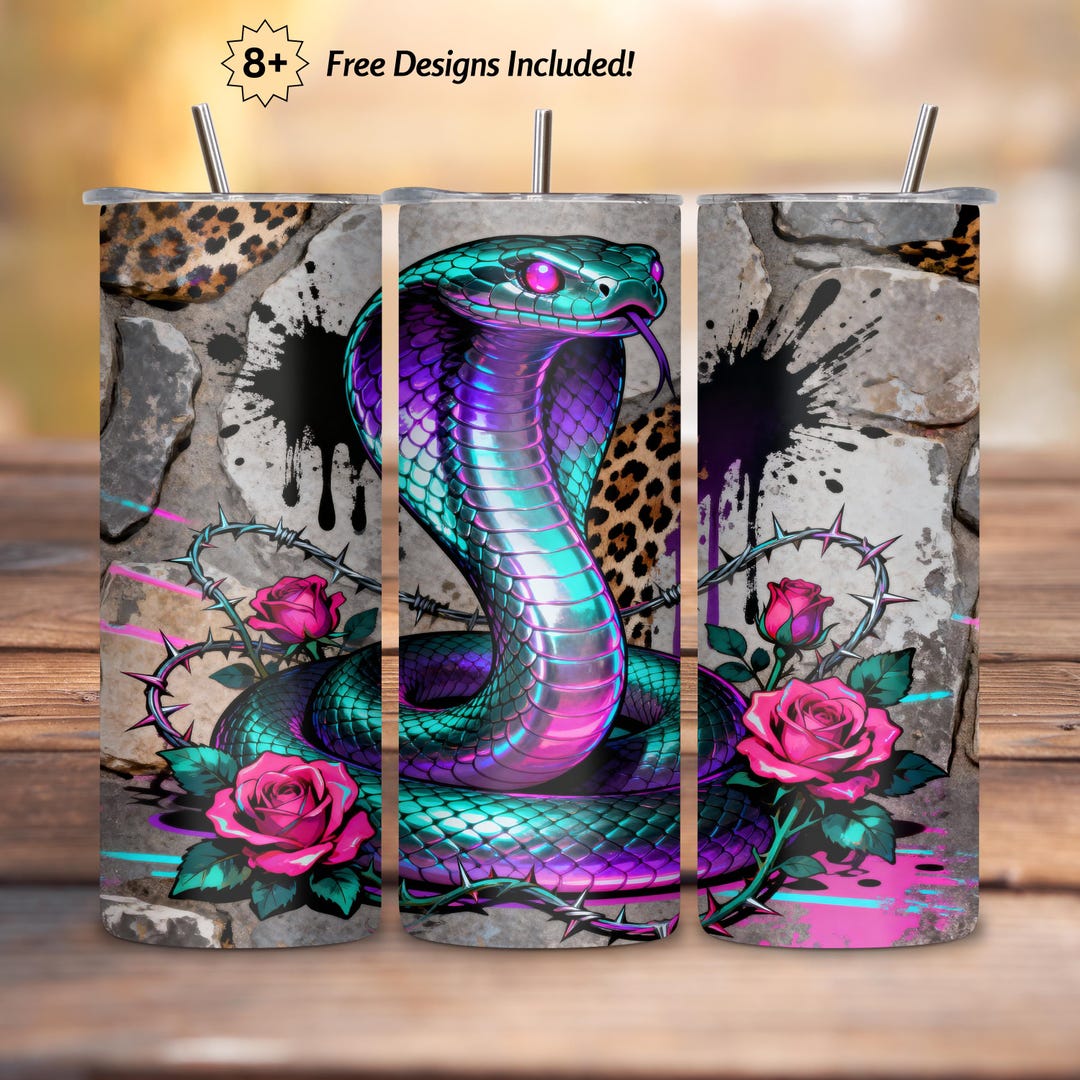 Retro 80s Cobra Tattoo Ink PNG, Neon Snake 20oz Skinny Tumbler ...