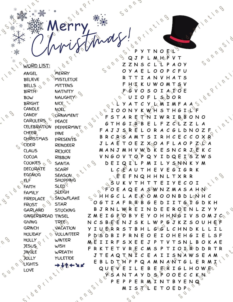 Snowman Word Search JUMBO Word Search Christmas Puzzle Printable ...