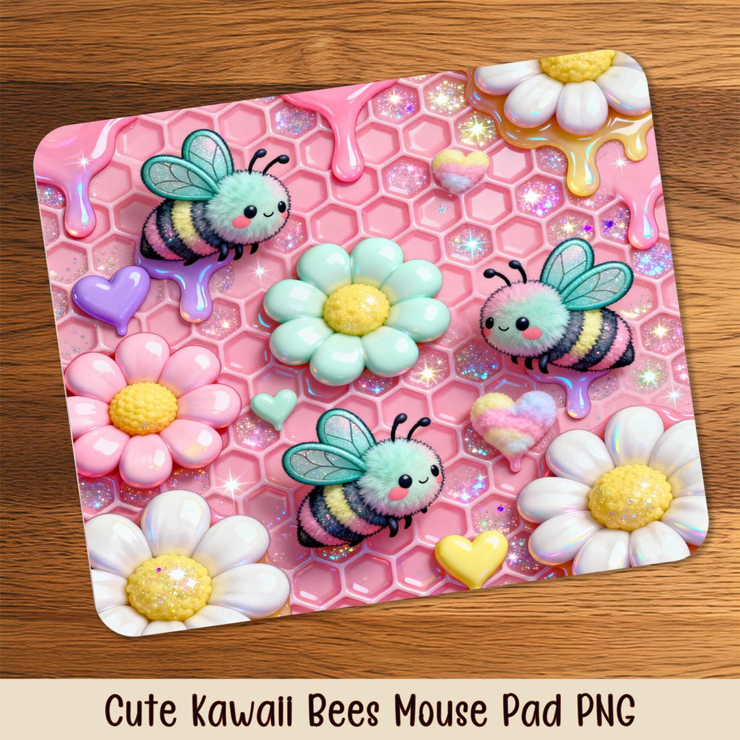 Kawaii Pastel Bee Mousepad, Cute Pink Candy Hive Desk Mat, 3D Glitter ...