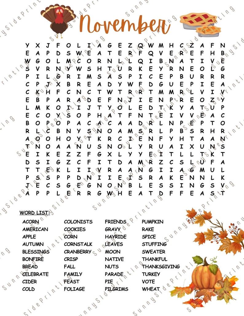 November Word Search Fall Themed Printable Instant Download - Etsy
