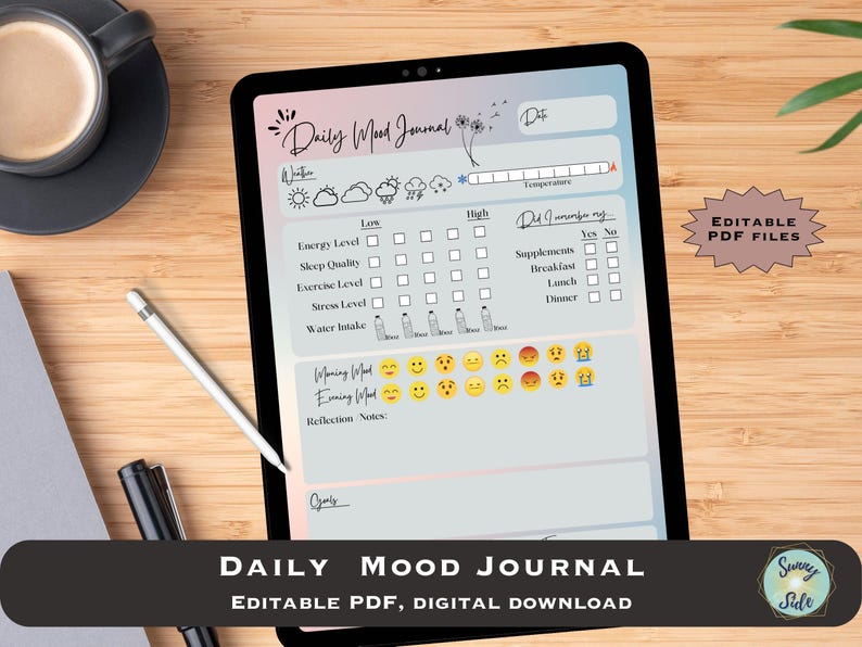 Mood Journal Daily Mood Tracker Wellness Meditation Guide Editable ...