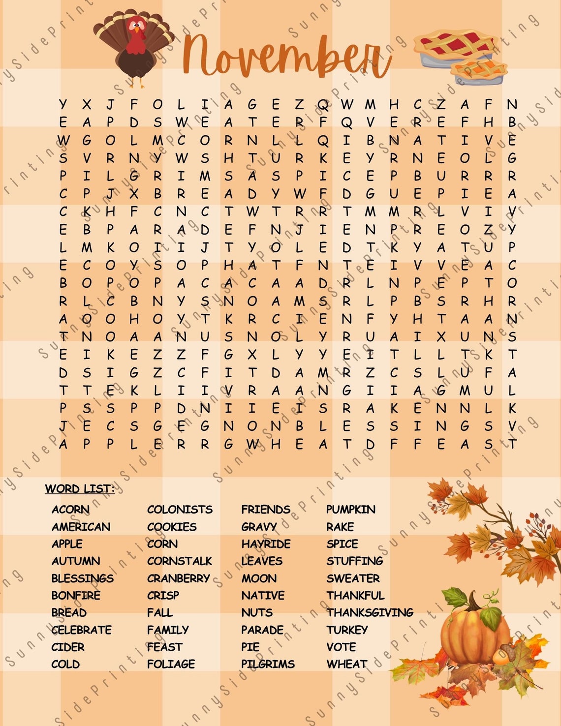 November Word Search Fall Themed Printable Instant Download - Etsy