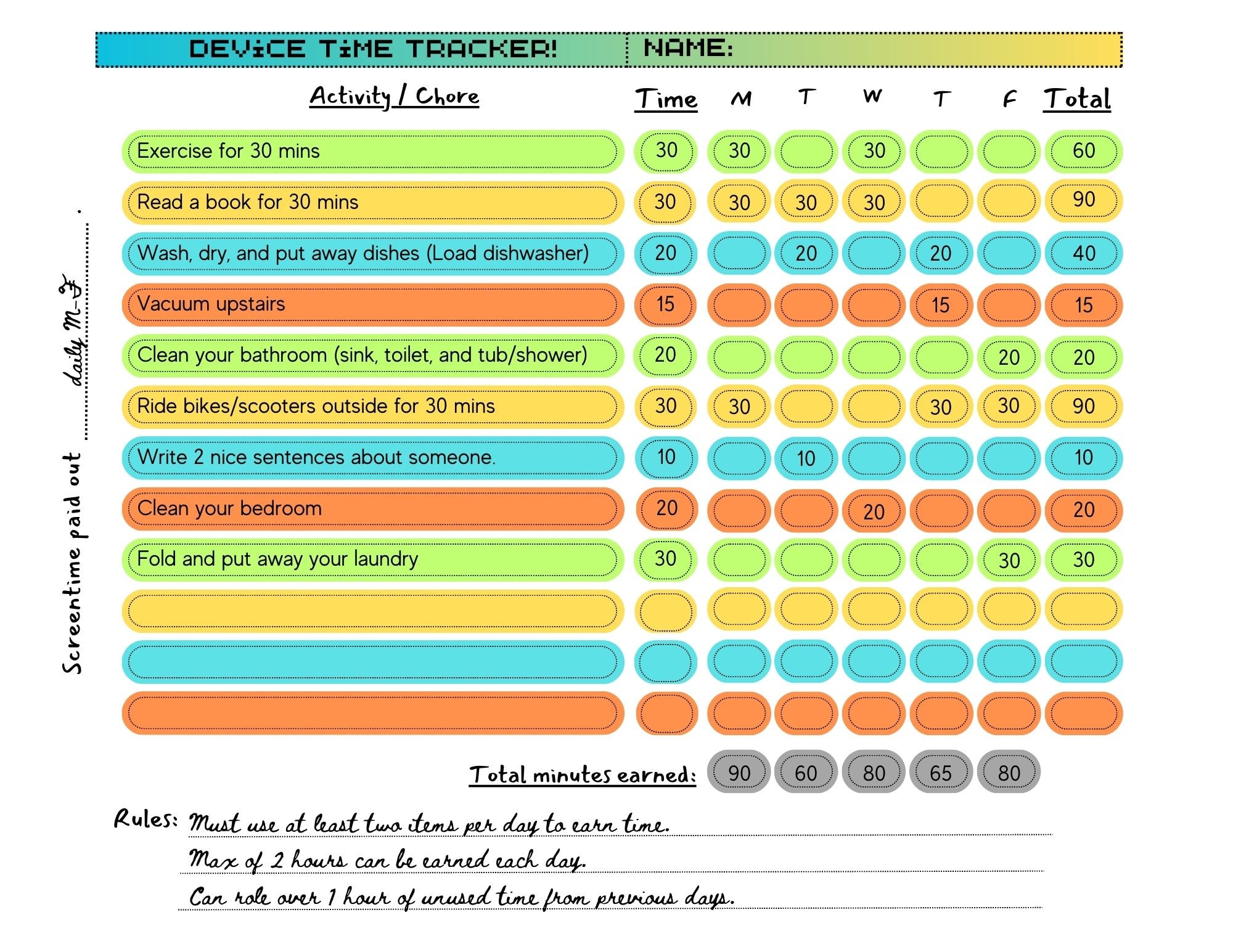 Device Time Tracker Screen Time Checklist Instant Download Chore ...