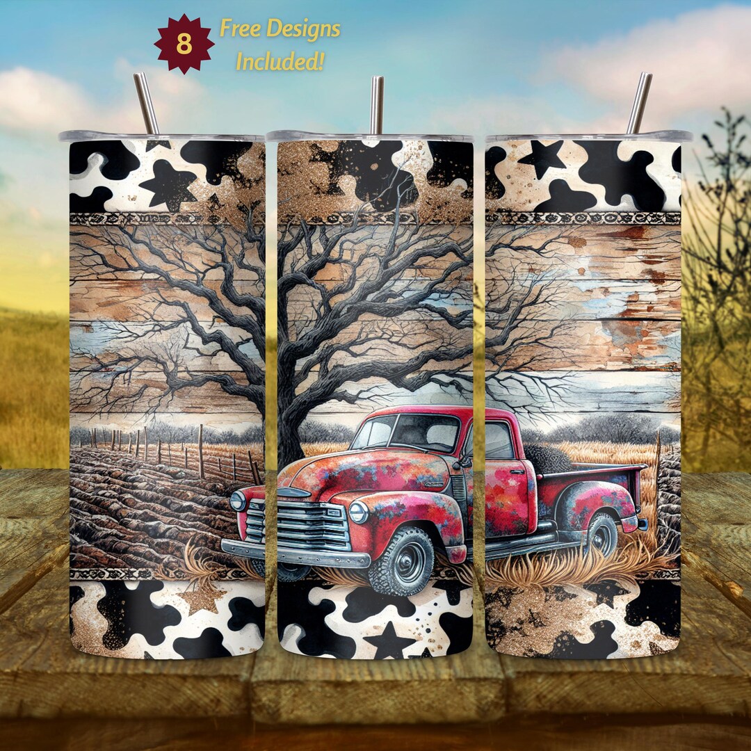 Cow Print Red Truck PNG, Sublimation 20 Oz Skinny Tumbler Wrap ...