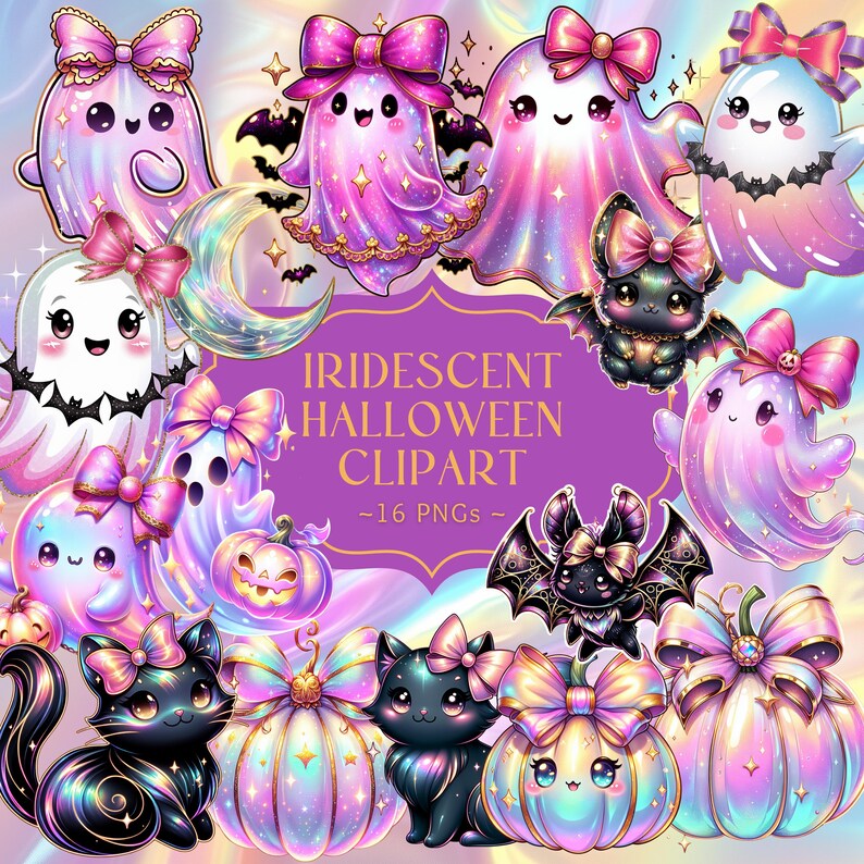 Iridescent Ghost PNG Halloween Clipart Bundle, Ghosts, Pumpkins, Cats ...