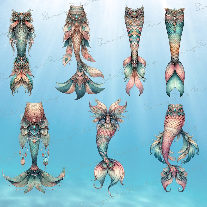 Boho Mermaid Tails Clipart PNG Craft Graphics Printable Digital ...