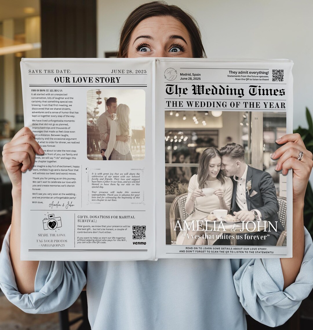 Personalized Wedding Newspaper Template With Audio QR Code (digital ...