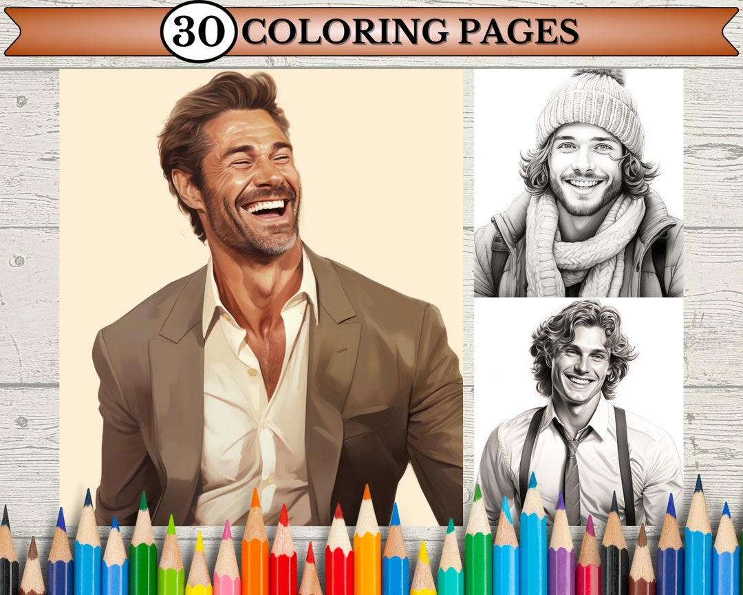 Happy Handsome Men Coloring Pages for Adults Printable Adult Coloring ...