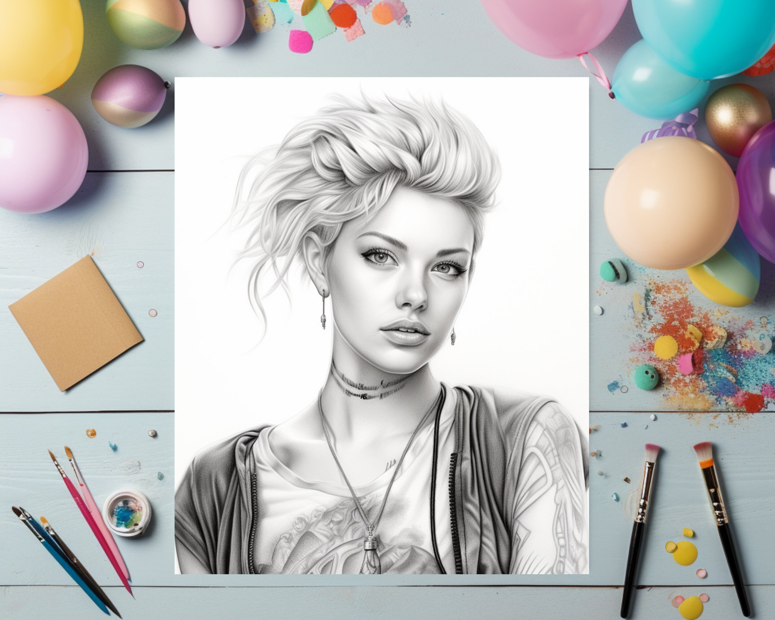 Punk Coloring Pages for Adults and Kids Woman Grayscale Coloring Book ...