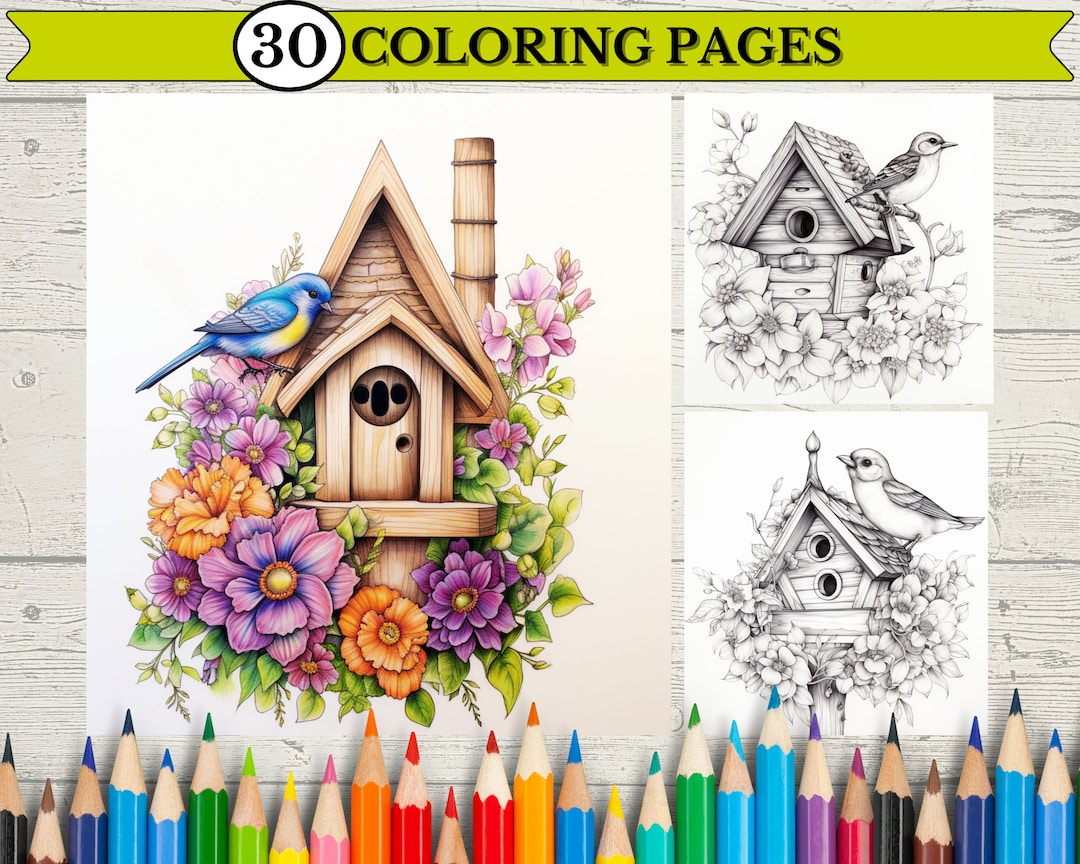 Bird House Coloring Page Book for Adults and Kids,cute Bird Nest ...