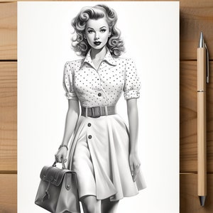 1940s Women Beauties Coloring Pages for Adults, Vintage Woman Grayscale ...
