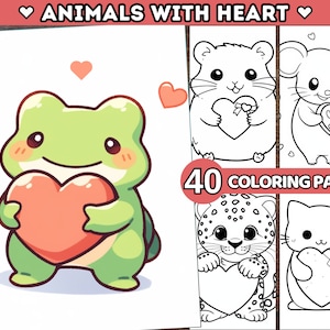 Coloring Pages for Kids Easy Coloring Book Cute Animals With Heart ...