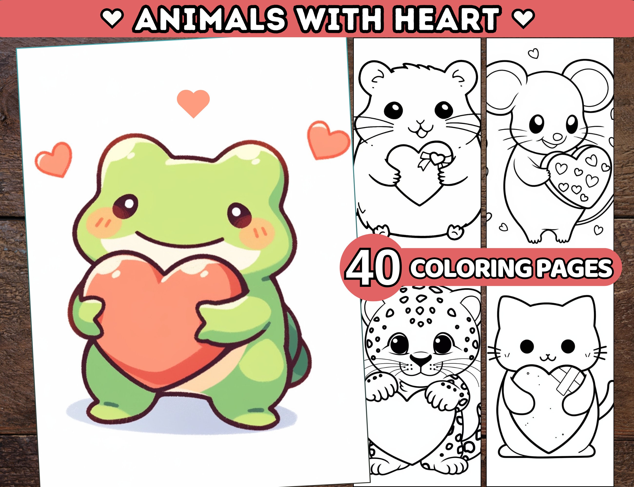 Coloring Pages for Kids Easy Coloring Book Cute Animals With Heart ...