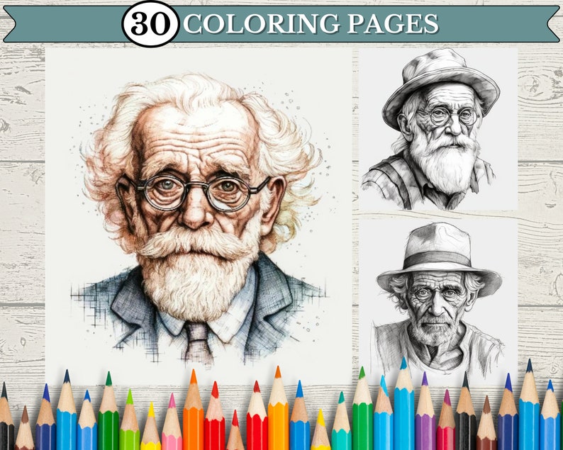 30 Old People Coloring Pages for Adults, Printable Adult Grayscale ...