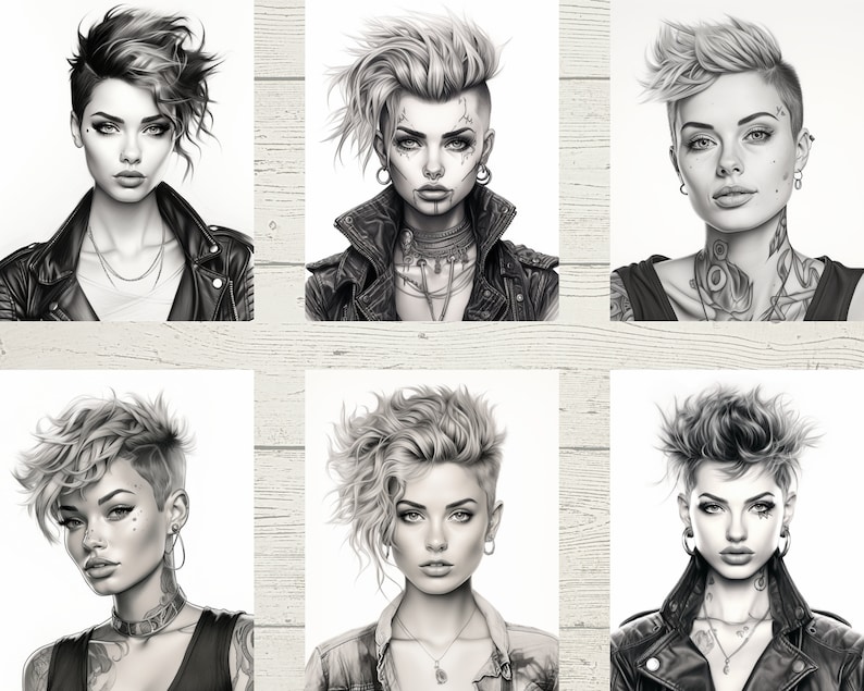Punk Coloring Pages for Adults and Kids Woman Grayscale Coloring Book ...