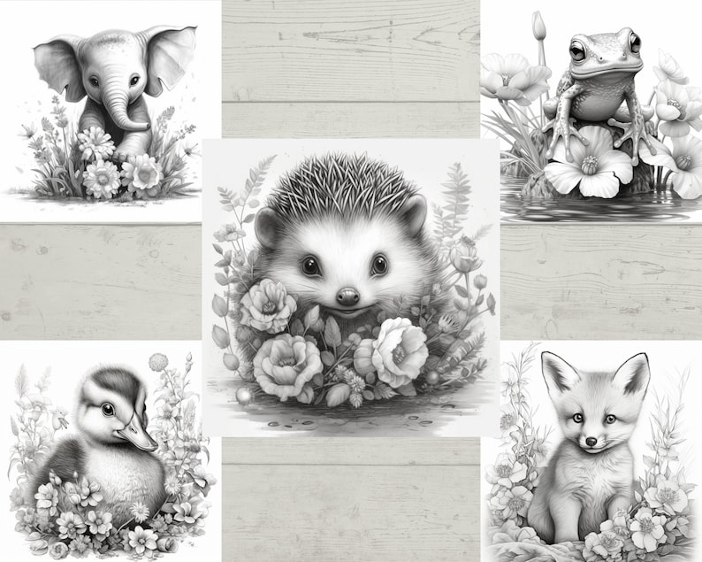 20 Cute Baby Animals Grayscale Coloring Pages Printable Adult - Etsy