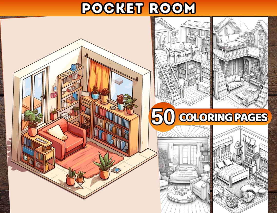 50 Pocket Room Coloring Pages Printable Interior Design Coloring Pages Fantasy Grayscale ...