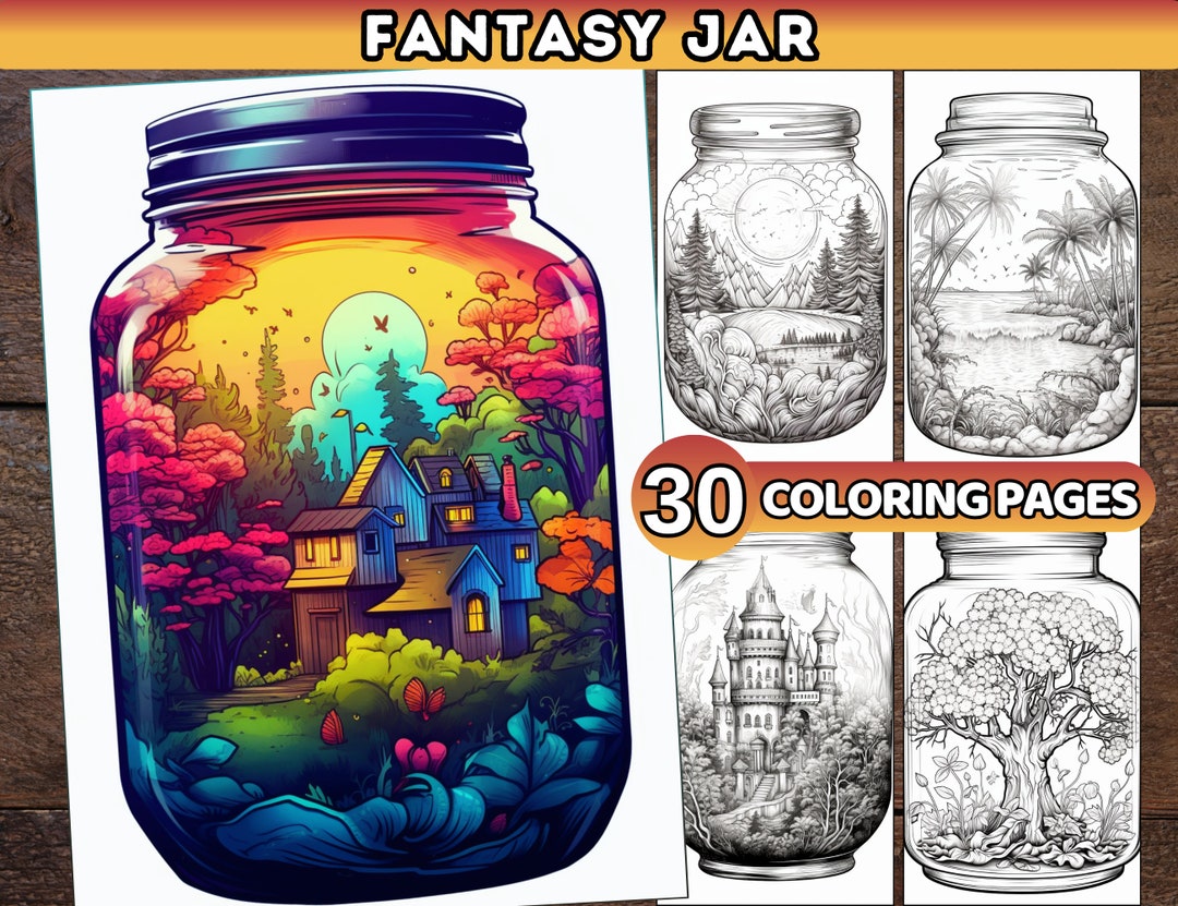Fantasy Jar Coloring Pages for Adults Magical Landscape Coloring Book ...