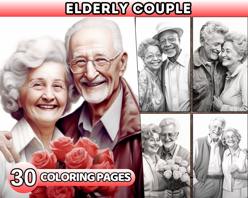 Elderly Couple Coloring Pages for Adults, Grayscale Couples Coloring ...
