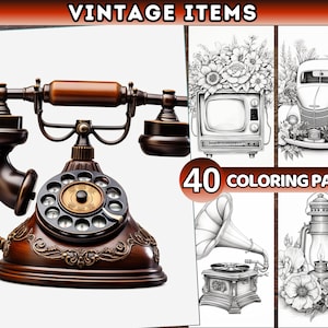 Vintage Objects Coloring Pages for Adults Nostalgic Grayscale Coloring ...