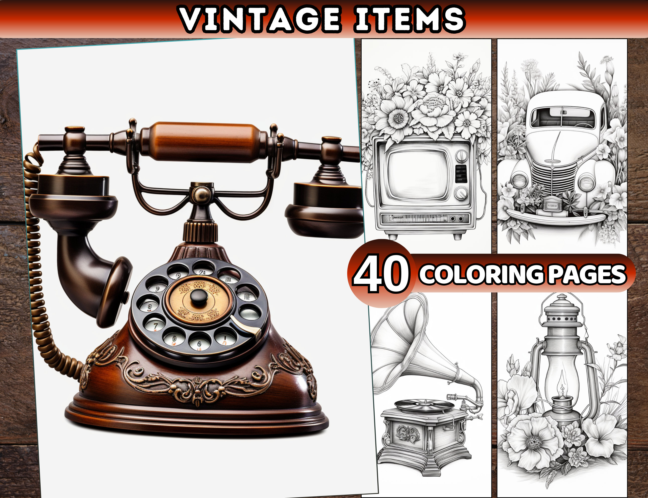 Vintage Objects Coloring Pages for Adults Nostalgic Grayscale Coloring ...
