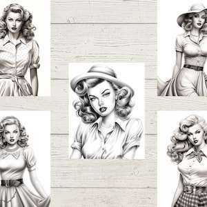 1940s Women Beauties Coloring Pages for Adults, Vintage Woman Grayscale ...