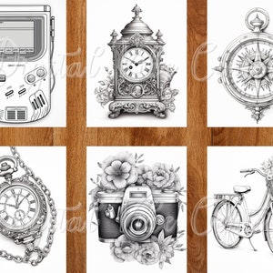 Vintage Objects Coloring Pages for Adults Nostalgic Grayscale Coloring ...