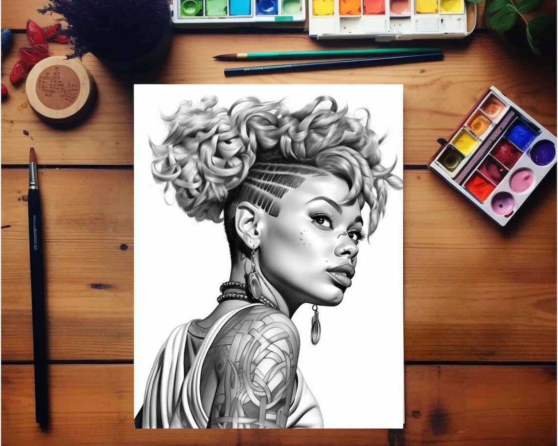 Punk Coloring Pages for Adults and Kids Woman Grayscale - Etsy