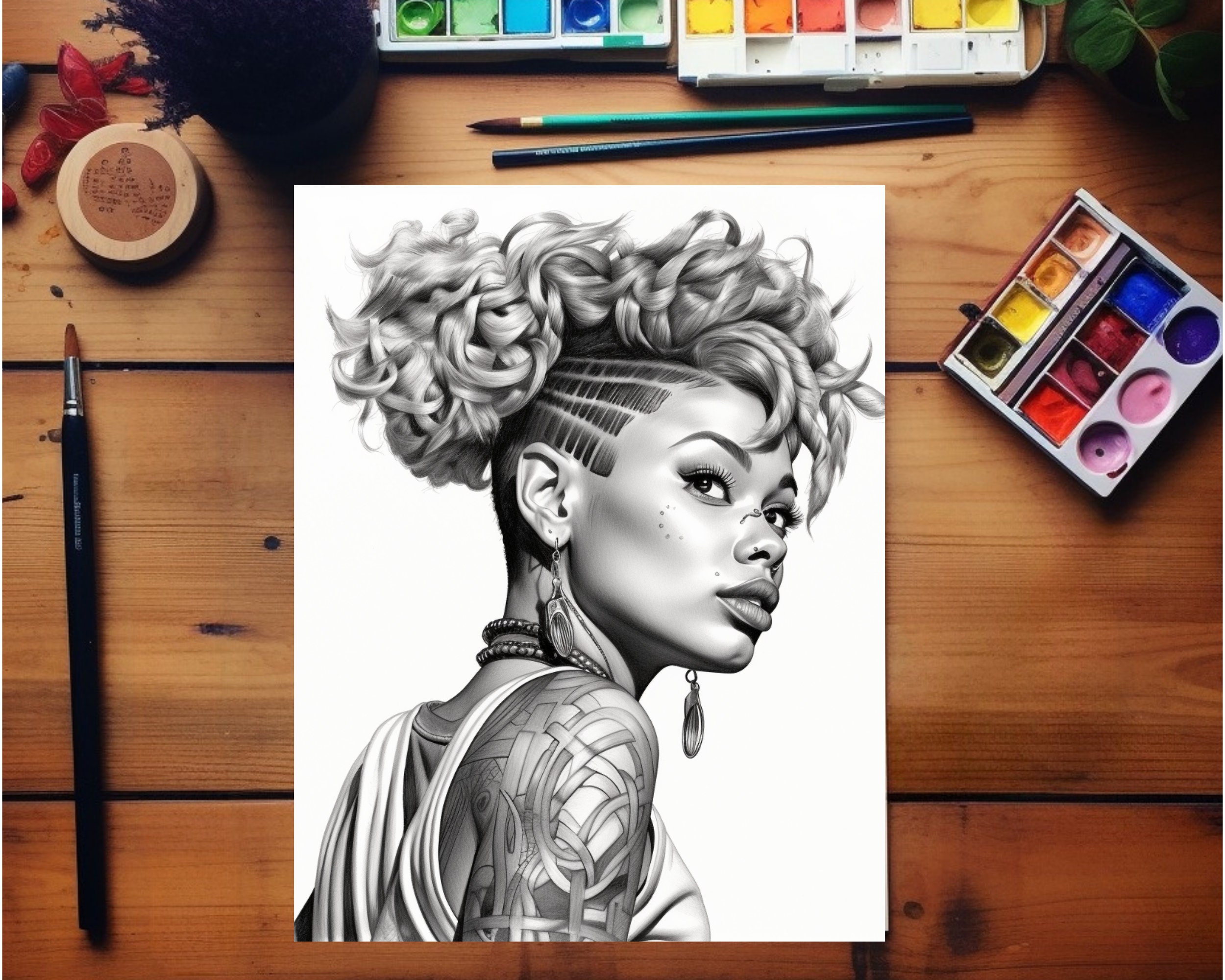 Punk Coloring Pages for Adults and Kids Woman Grayscale Coloring Book ...