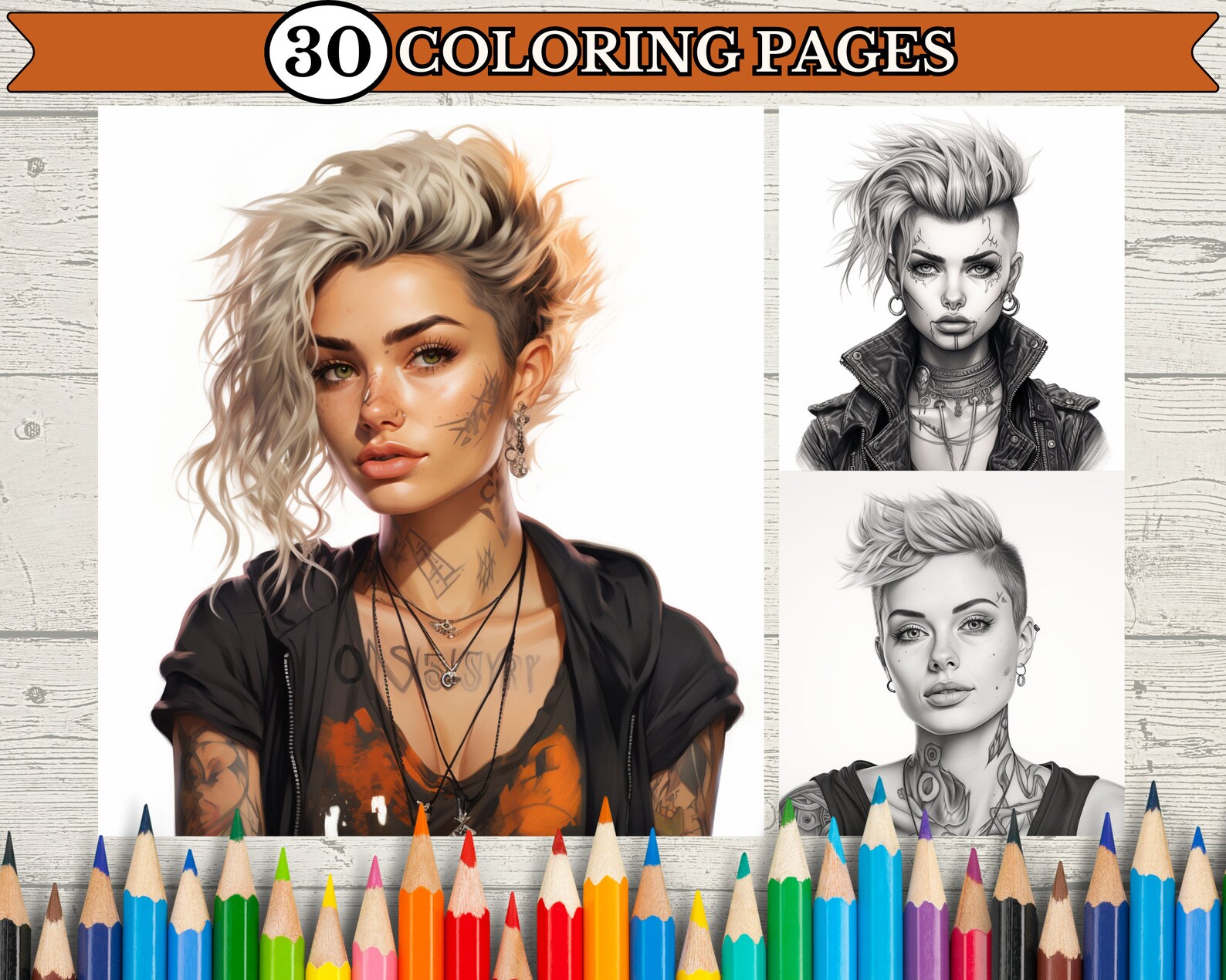 Punk Coloring Pages for Adults and Kids Woman Grayscale Coloring Book ...