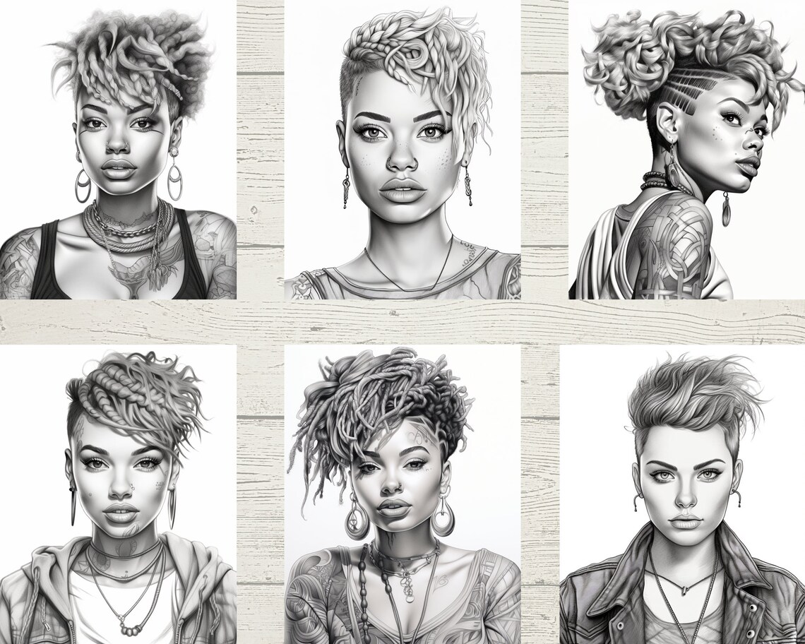Punk Coloring Pages for Adults and Kids Woman Grayscale - Etsy