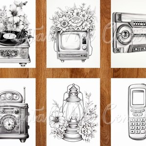 Vintage Objects Coloring Pages for Adults Nostalgic Grayscale Coloring ...