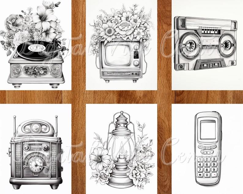 Vintage Objects Coloring Pages for Adults Nostalgic Grayscale Coloring ...