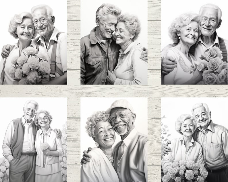 Elderly Couple Coloring Pages for Adults, Grayscale Couples Coloring ...