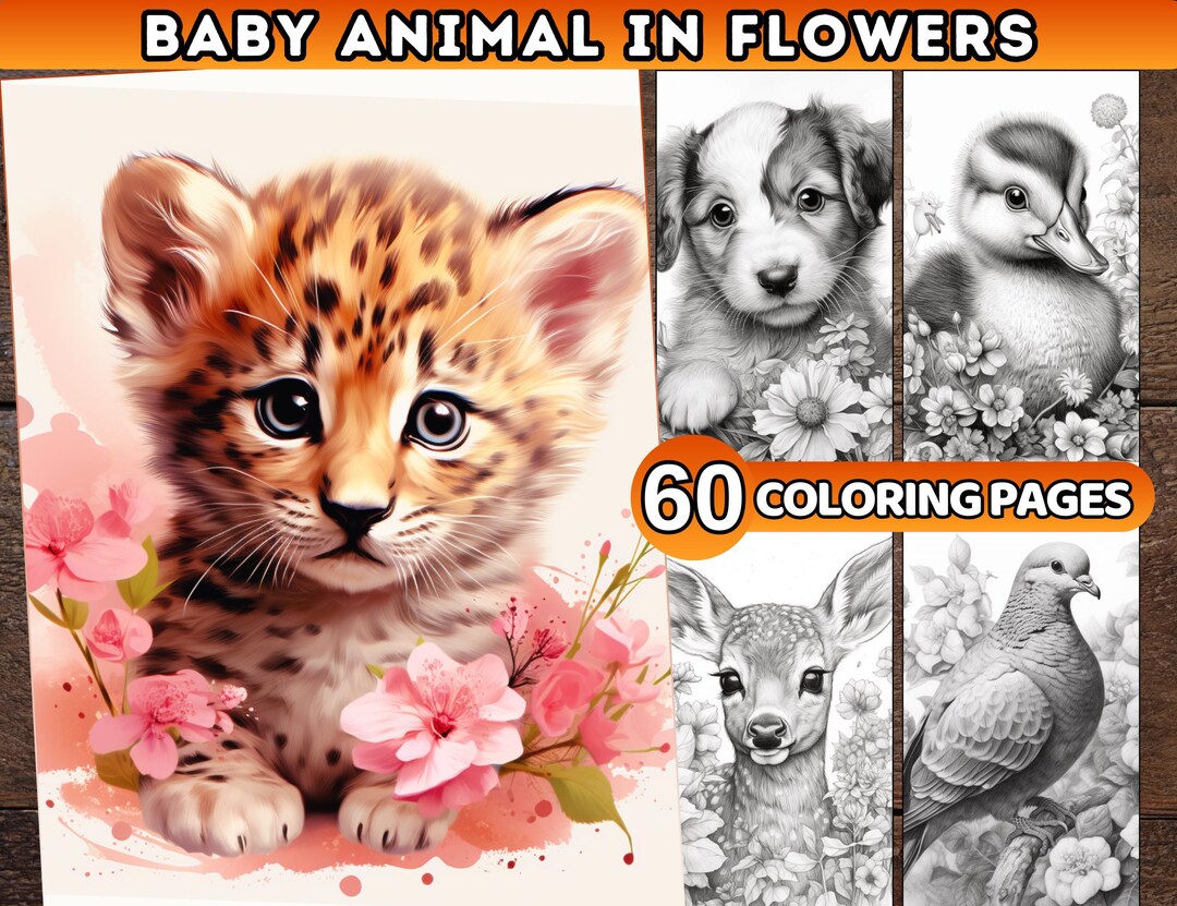Baby Animals in Flowers Coloring Pages for Adult Kids Cute Animal ...