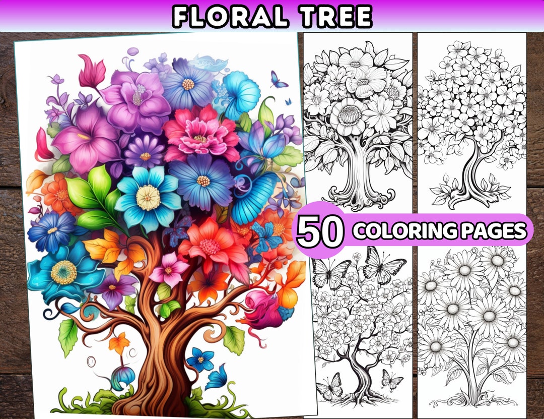 50 Floral Tree Coloring Pages for Adults Printable Fantasy Blooming ...