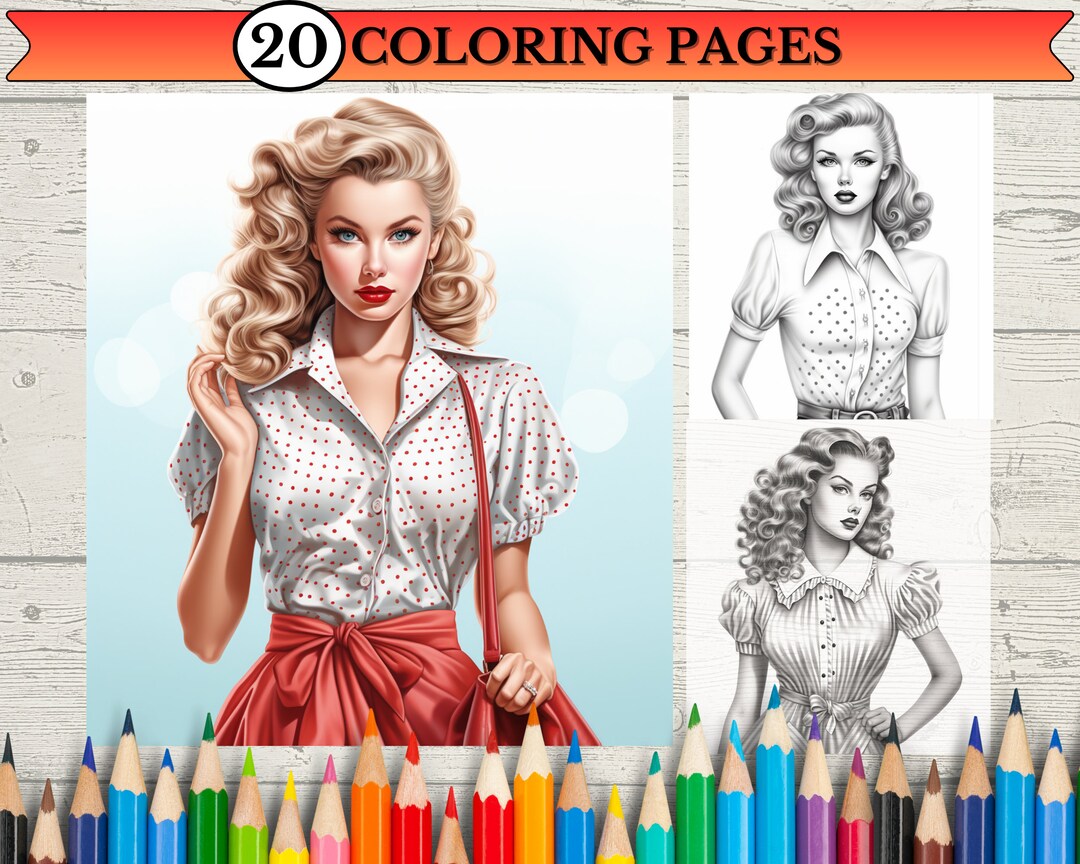1940s Women Beauties Coloring Pages for Adults, Vintage Woman Grayscale ...