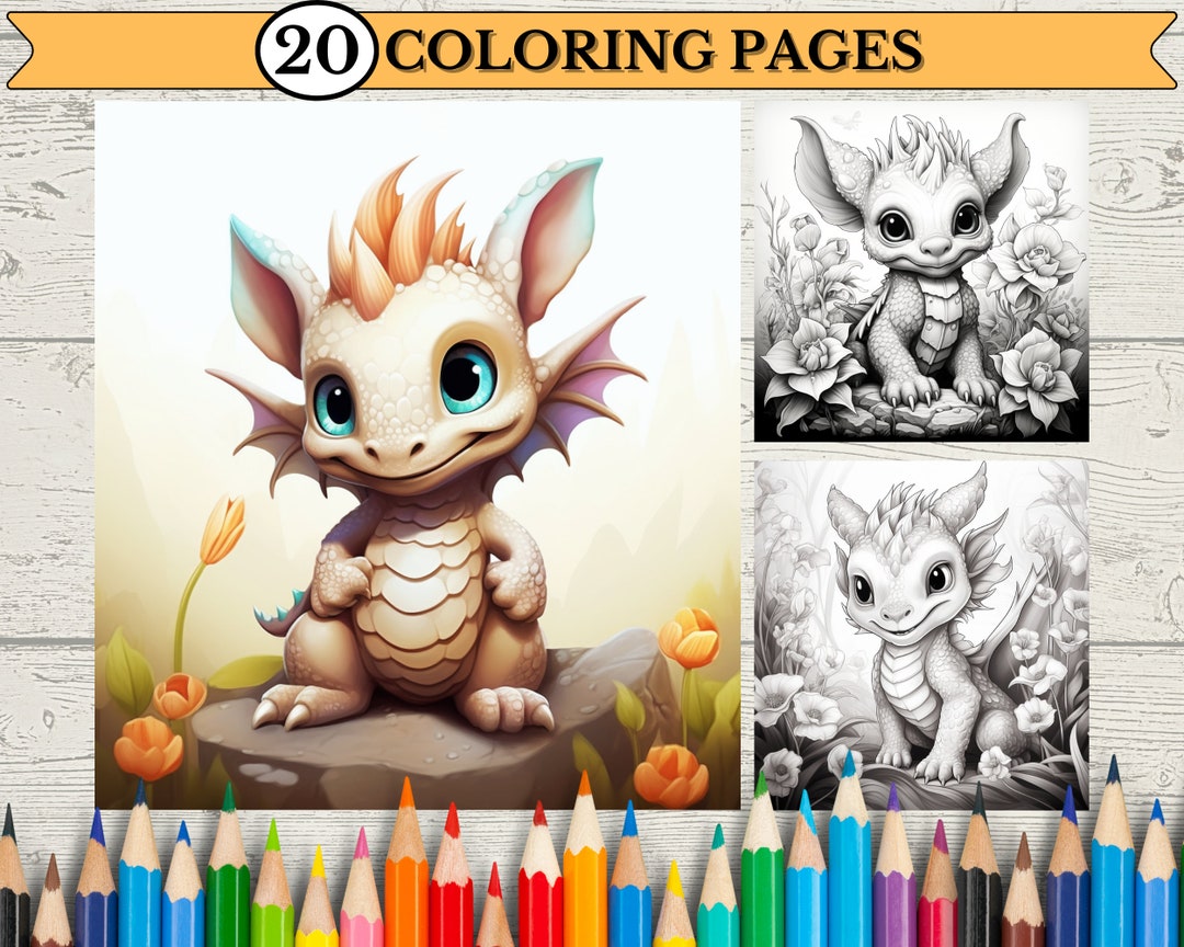 20 Baby Dragon Fantasy Coloring Pages for Adults and Kids, Grayscale ...