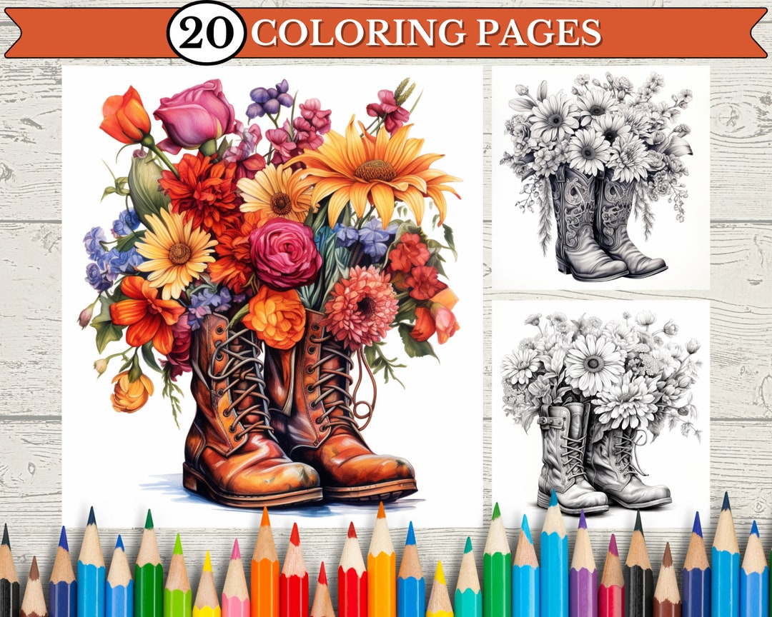 20 Blooming Boots Coloring Pages for Adults & Kids, Floral Booties ...