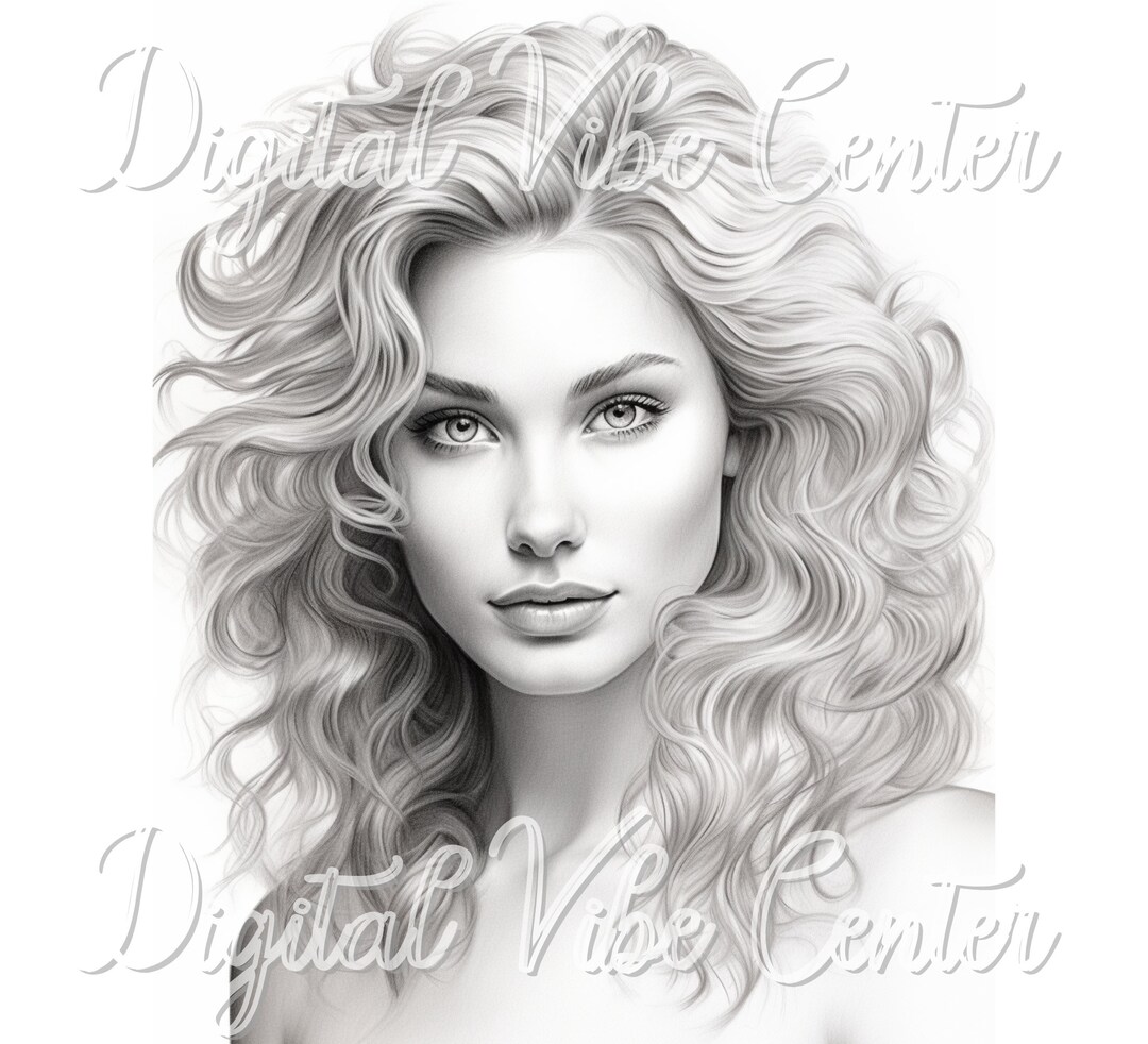 Coloring Page for Adults Realistic Beautiful Woman Portrait Grayscale ...