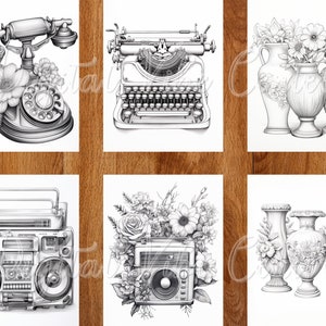 Vintage Objects Coloring Pages for Adults Nostalgic Grayscale Coloring ...