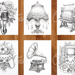 Vintage Objects Coloring Pages for Adults Nostalgic Grayscale Coloring ...